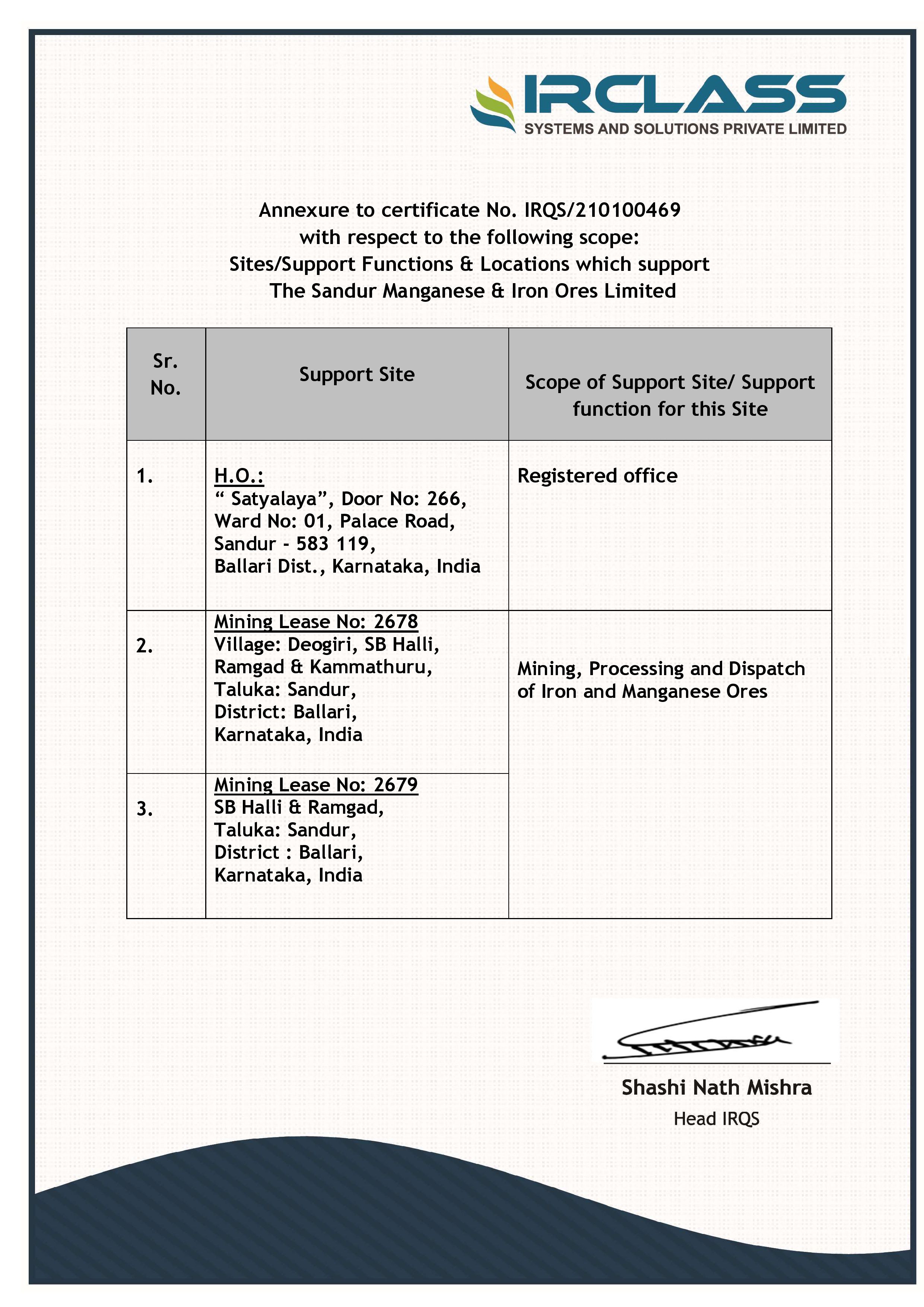 Certifications || Sandur Managanese